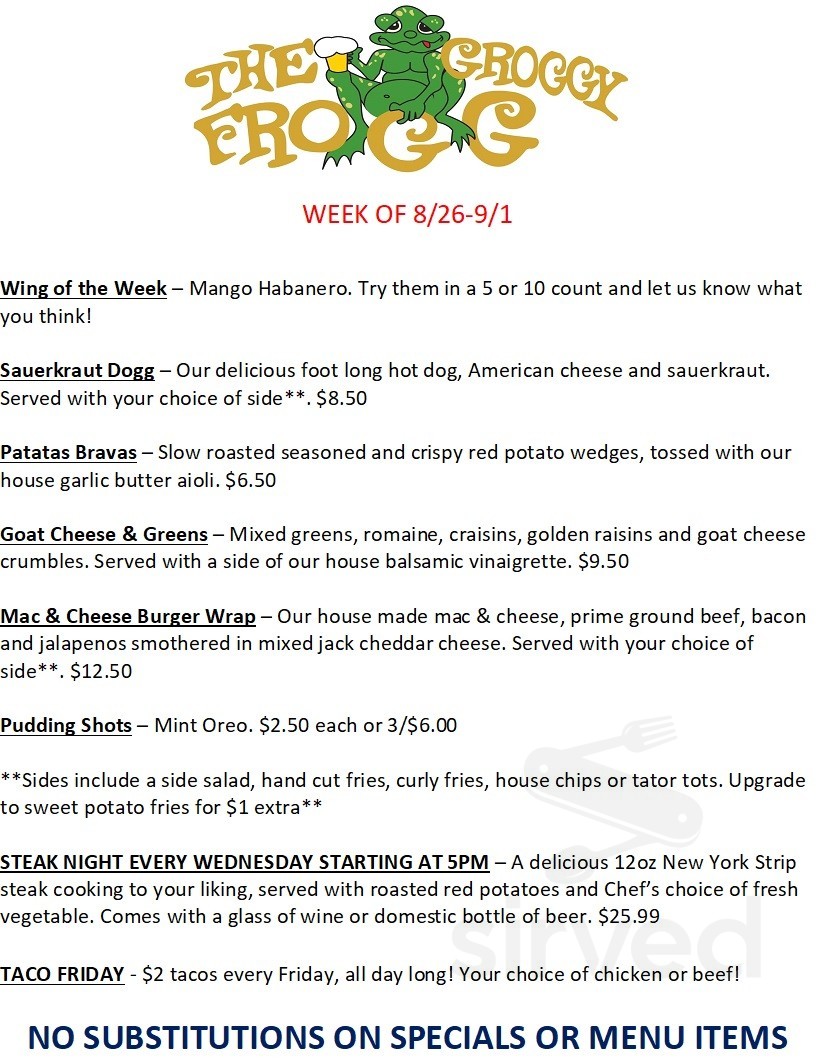 Menu for The Groggy Frogg in Southington, Connecticut, United States