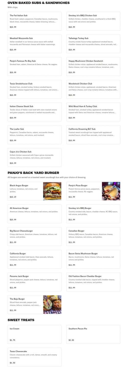 Panjo's Pizza menu in Corpus Christi, Texas, USA