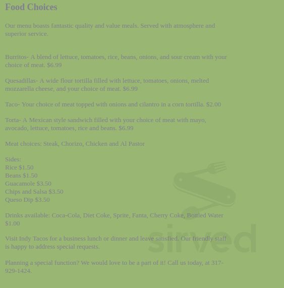 Indy Tacos menu in Indianapolis, Indiana, USA