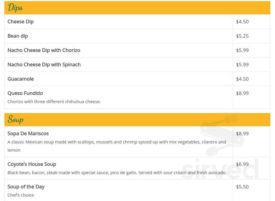 Coyote’s Mexican Grill & Cantina menus in Kent, Ohio, United States