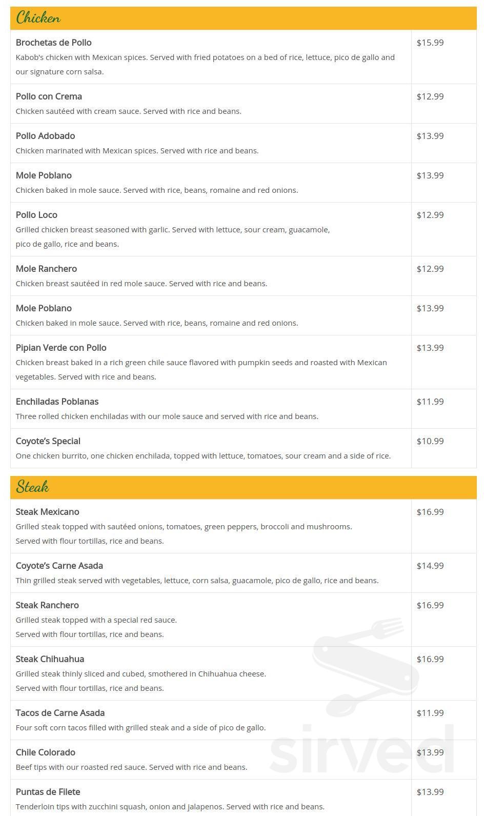 Coyote’s Mexican Grill & Cantina menus in Kent, Ohio, United States