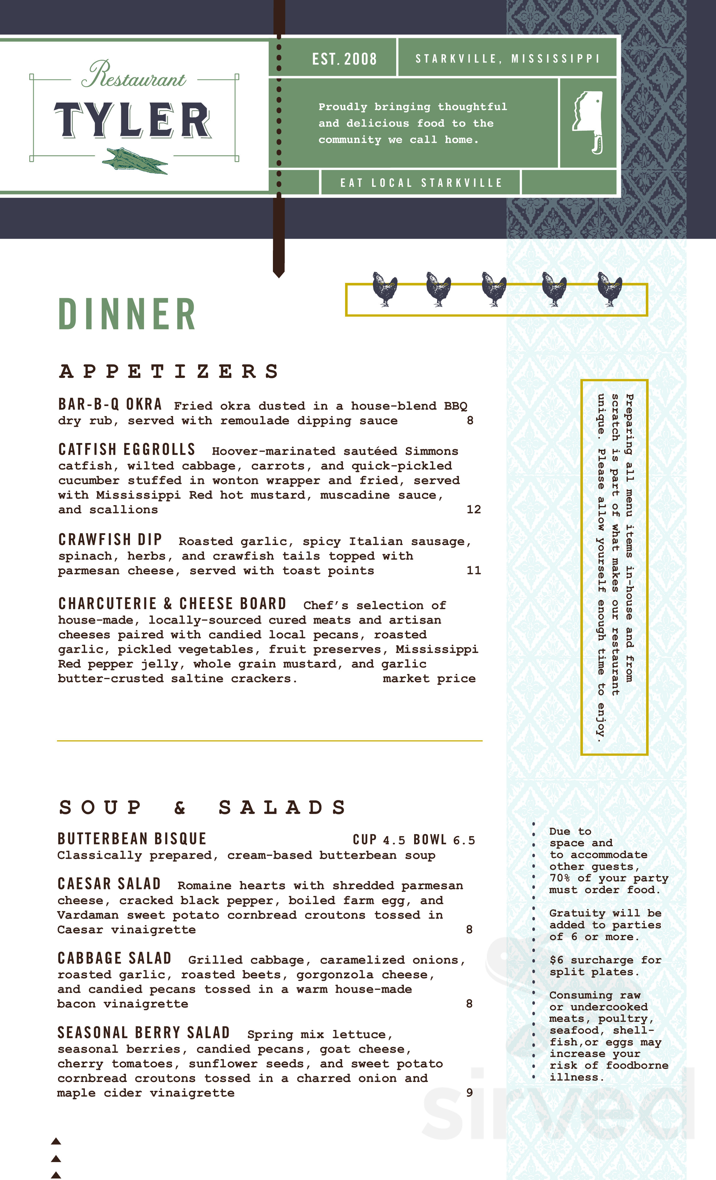 Upstairs at Tyler menu in Starkville, Mississippi, USA