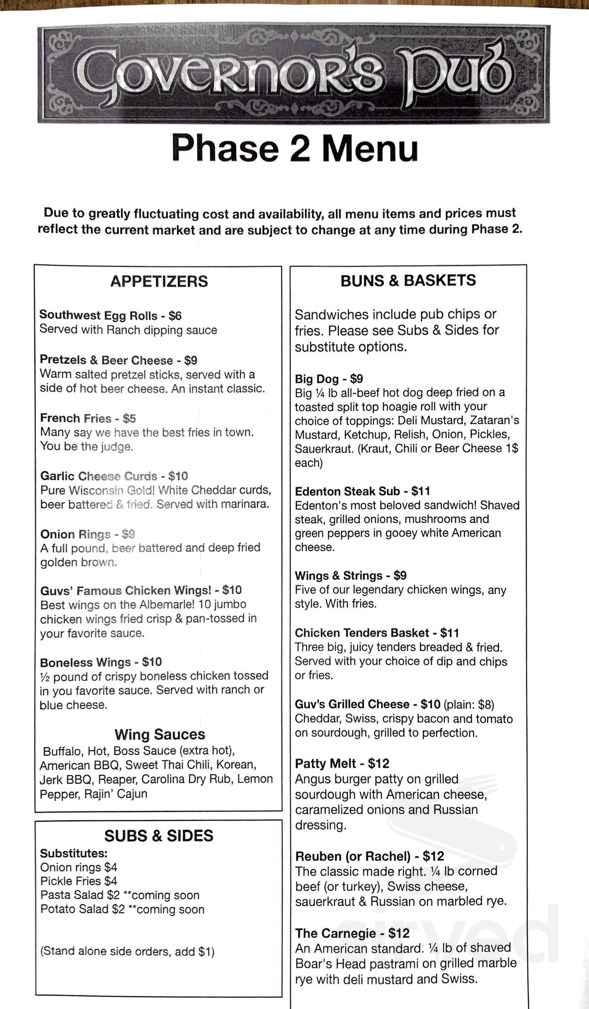 Governor's Pub menus in Edenton, North Carolina, United States