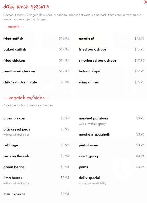 Alcenia's menu in Memphis, Tennessee, USA