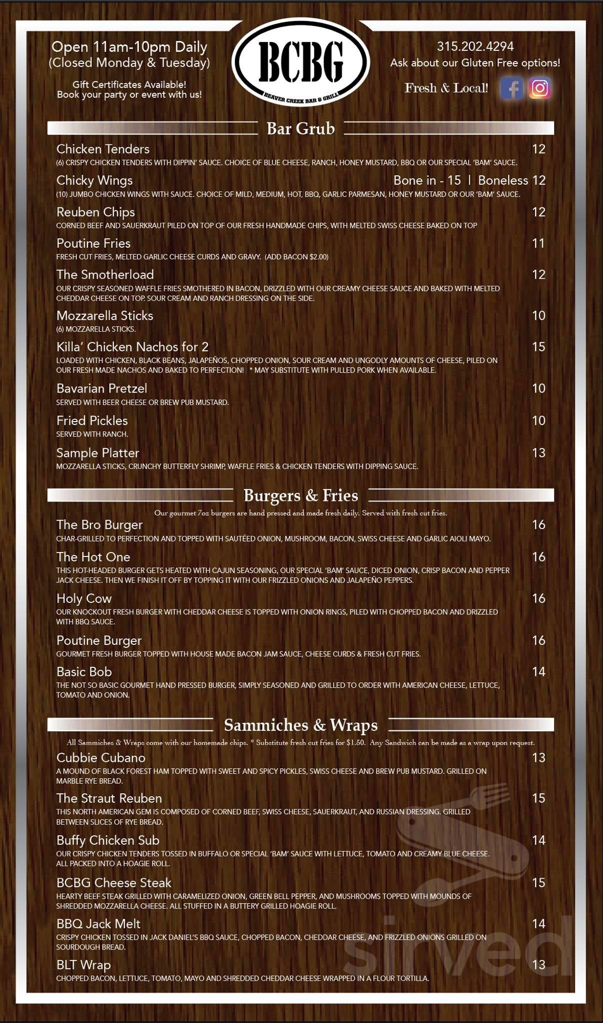 Beaver Creek Bar & Grill menu in Sangerfield, New York, USA