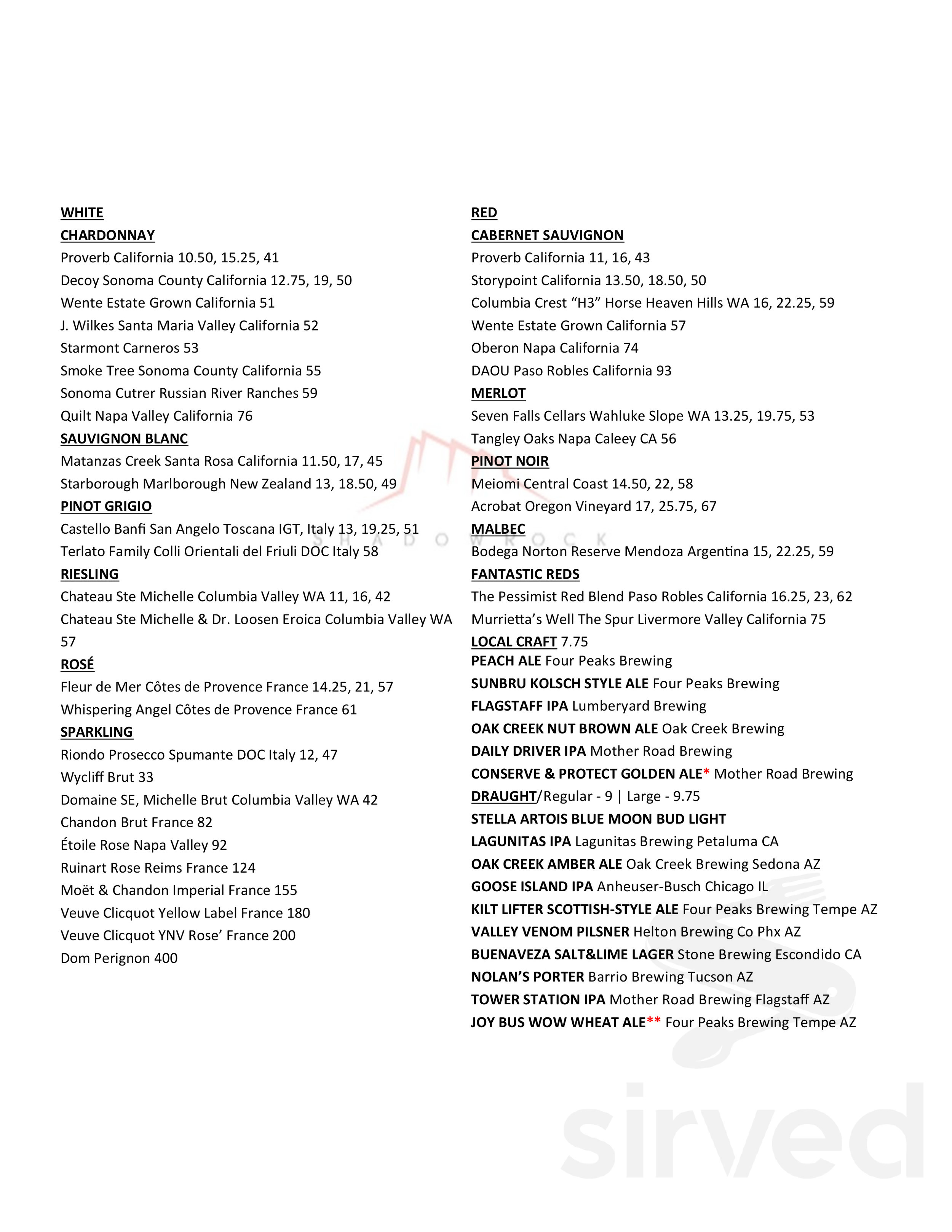 Menu for ShadowRock Tap + Table in Sedona, AZ | Sirved