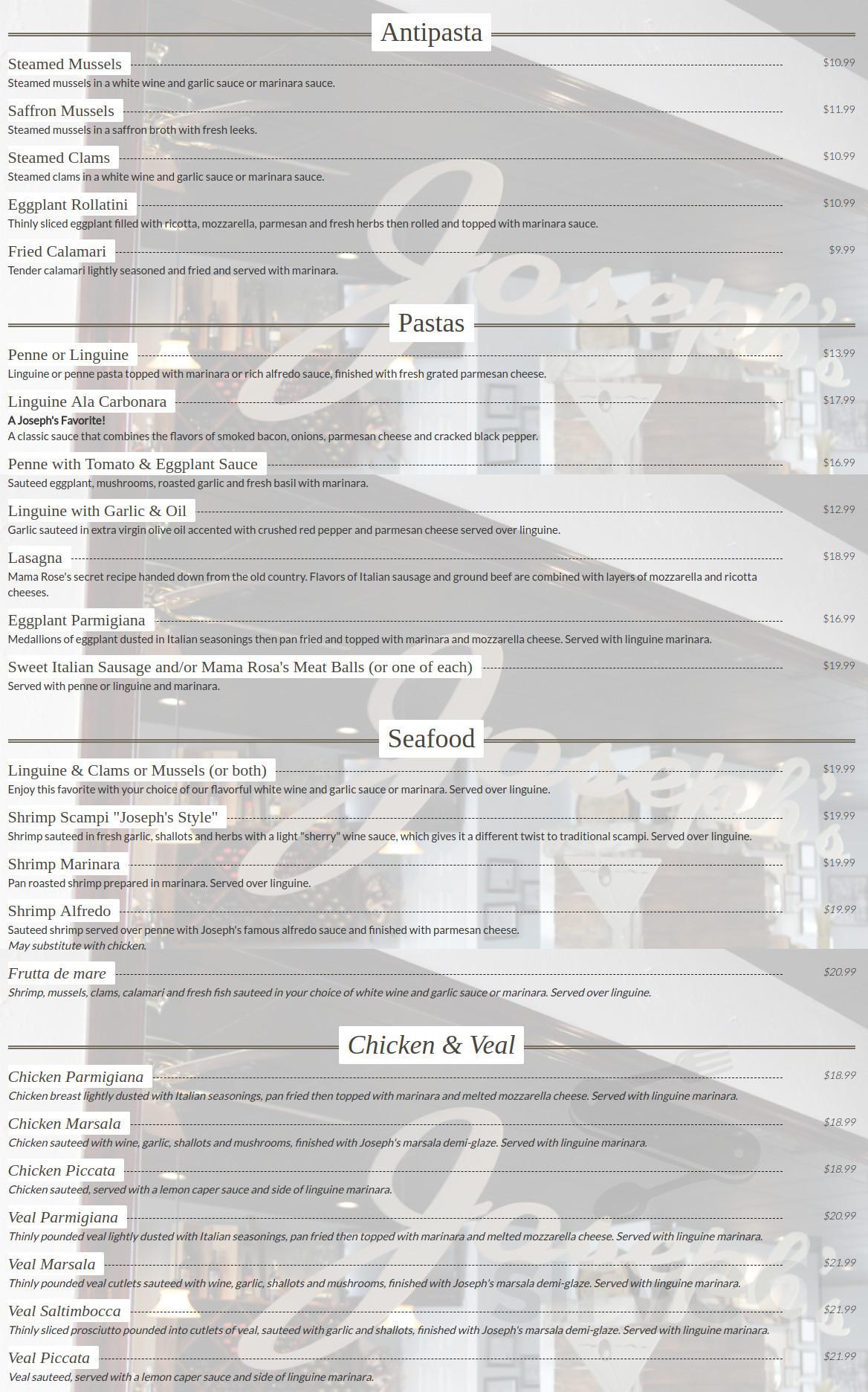 Menu for Joseph's Italian Bistro in Southport, NC | Sirved