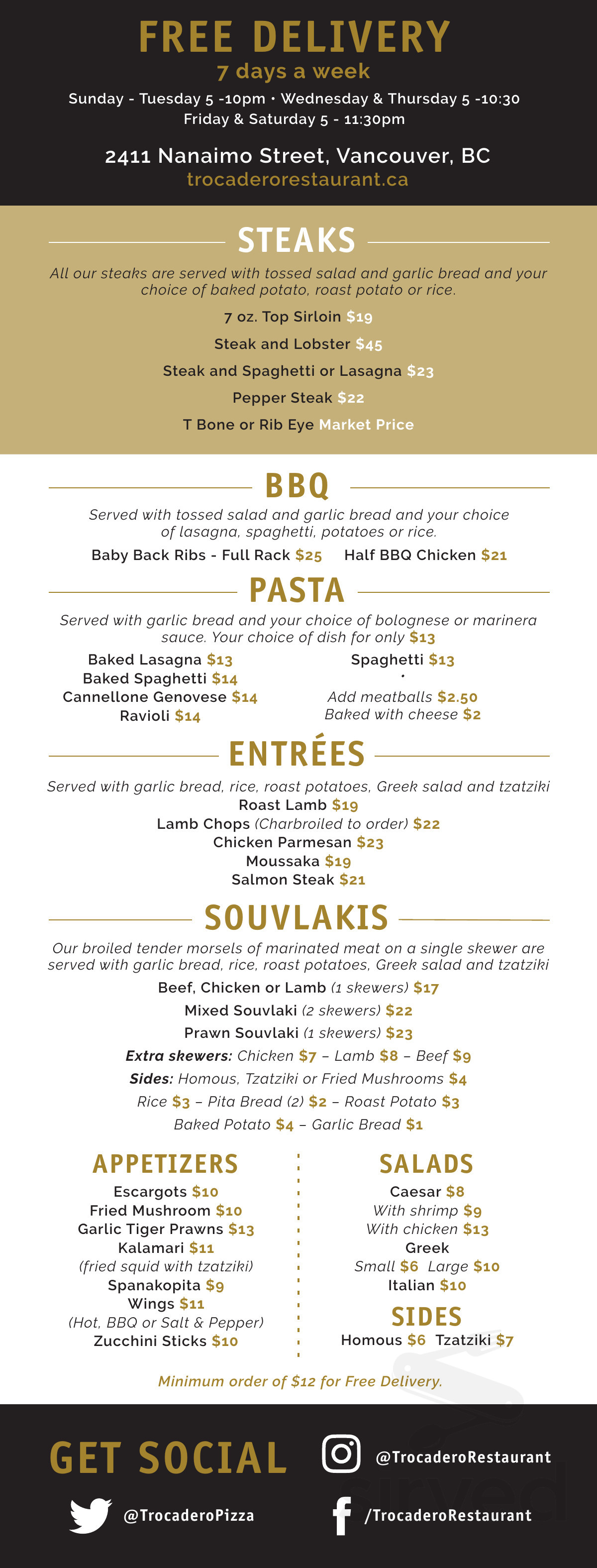 Menu - Vancouver BC's Trocadero Pizza & Steak House | Sirved