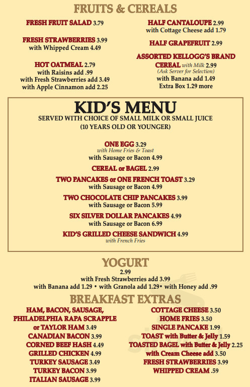 Seven Star Diner menu in Sewell, New Jersey, USA