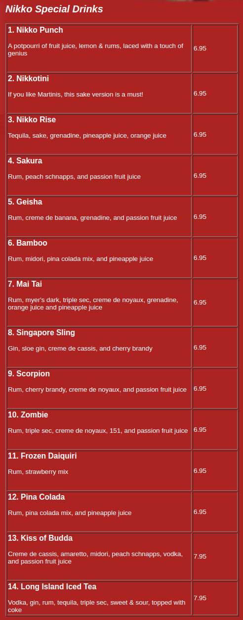 Nikko Sushi & Hibachi menu in Reston, Virginia, USA