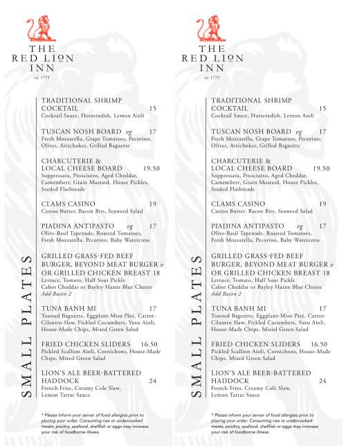 The Red Lion Inn menu in Stockbridge, Massachusetts, USA