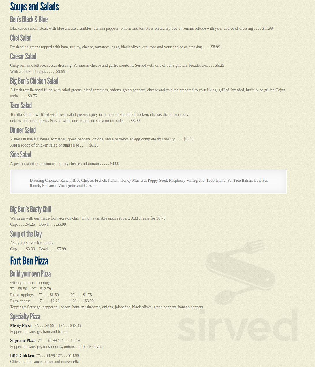 Fort Ben Pub menu in Indianapolis, Indiana, USA