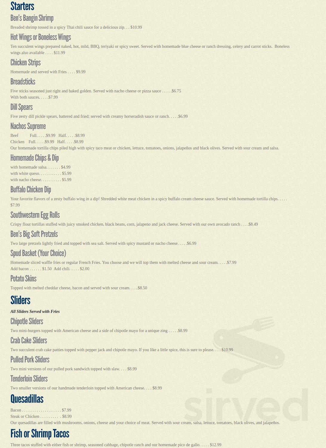 Fort Ben Pub menu in Indianapolis, Indiana, USA