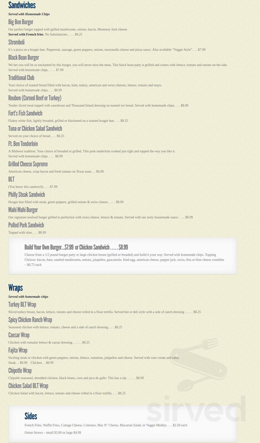 Fort Ben Pub menu in Indianapolis, Indiana, USA