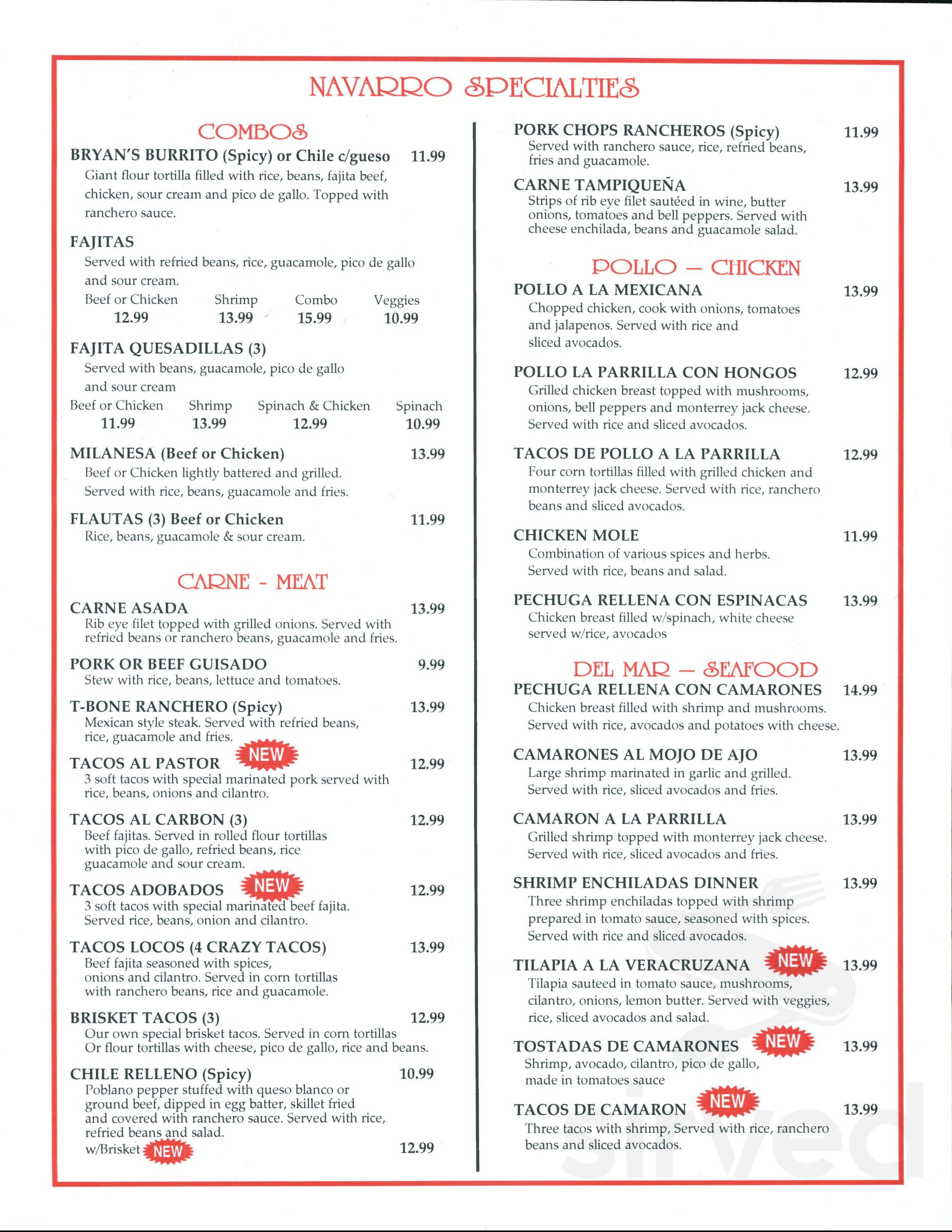 Menu for Casa Navarro in Dallas, TX | Sirved