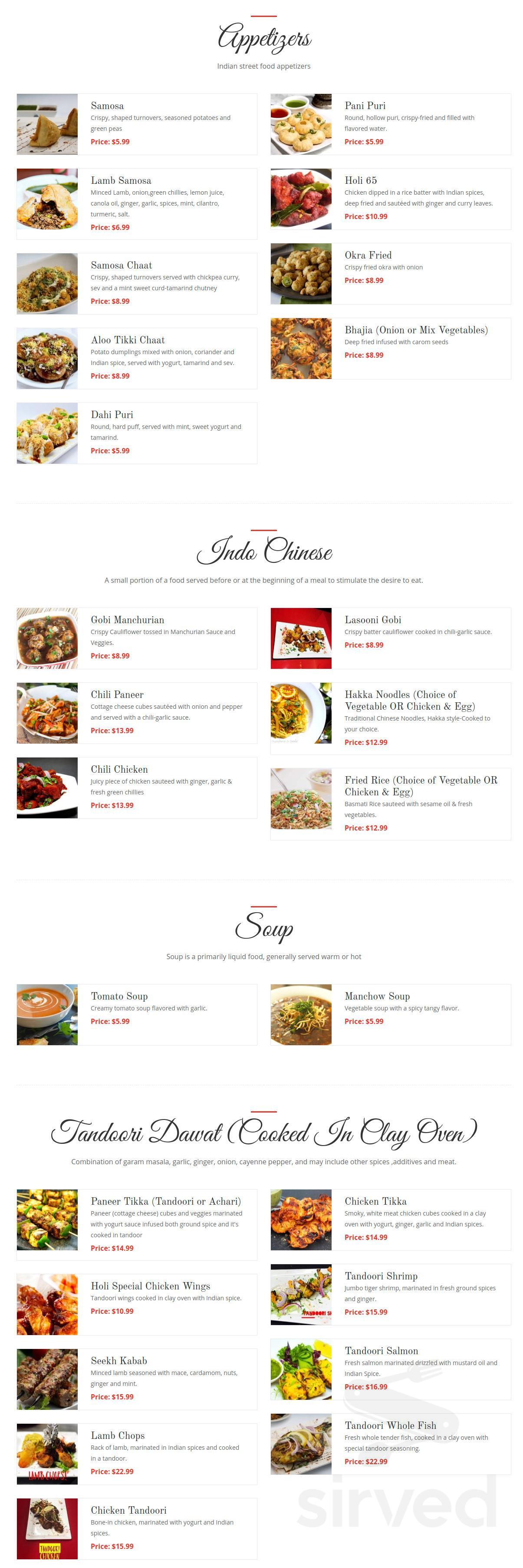 Menu - Dothan AL's Holi Indian Cuisine ( A Flavor Of Joy ) | Sirved