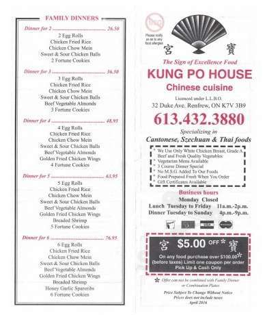 Kung Po House Chinese Cuisine menus in Renfrew, Ontario, Canada