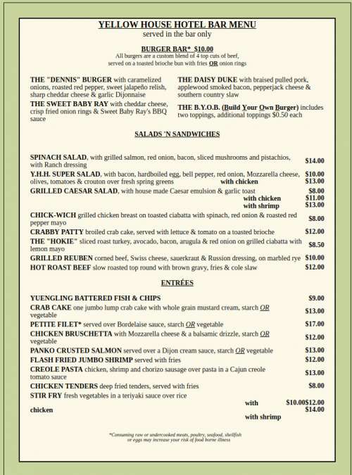Yellow House Hotel menu in Douglassville, Pennsylvania, USA