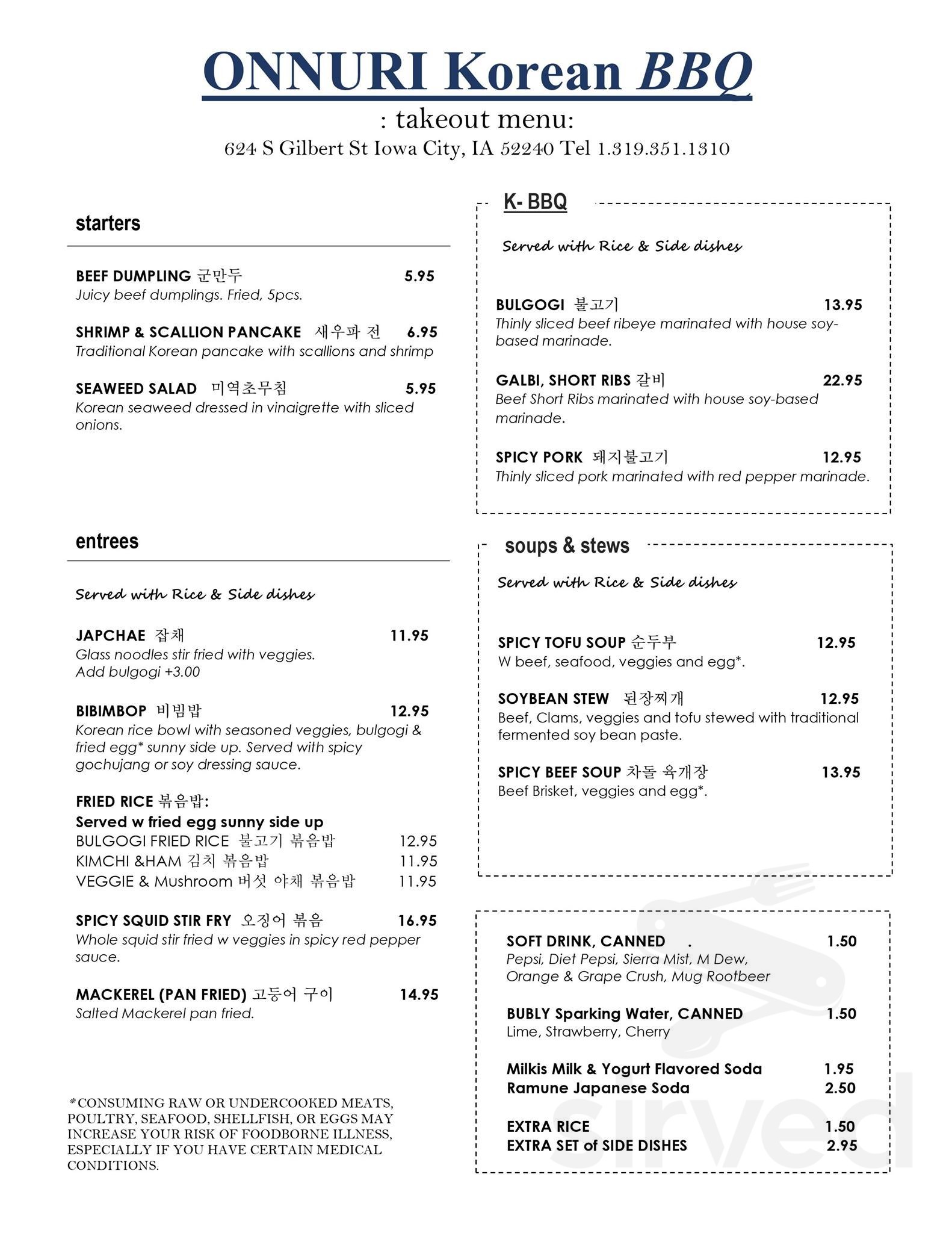 Menu for ONNURI Korean BBQ in Iowa City, IA | Sirved