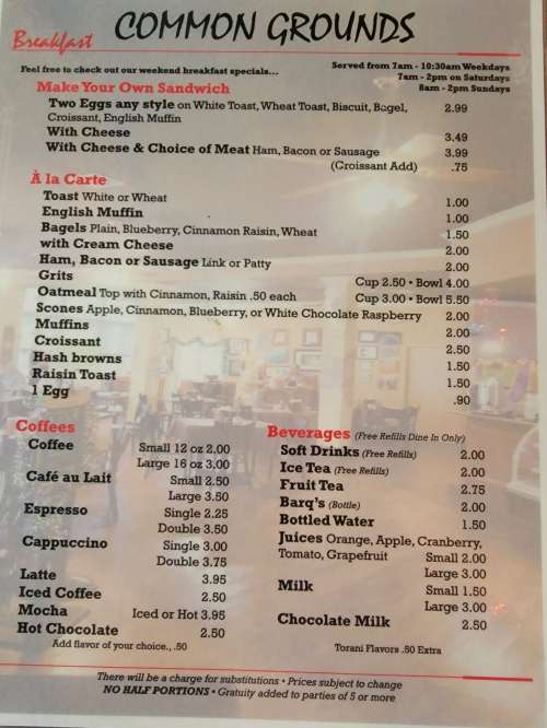 Common Grounds Coffee House & Cafe menu in Gretna, Louisiana, USA