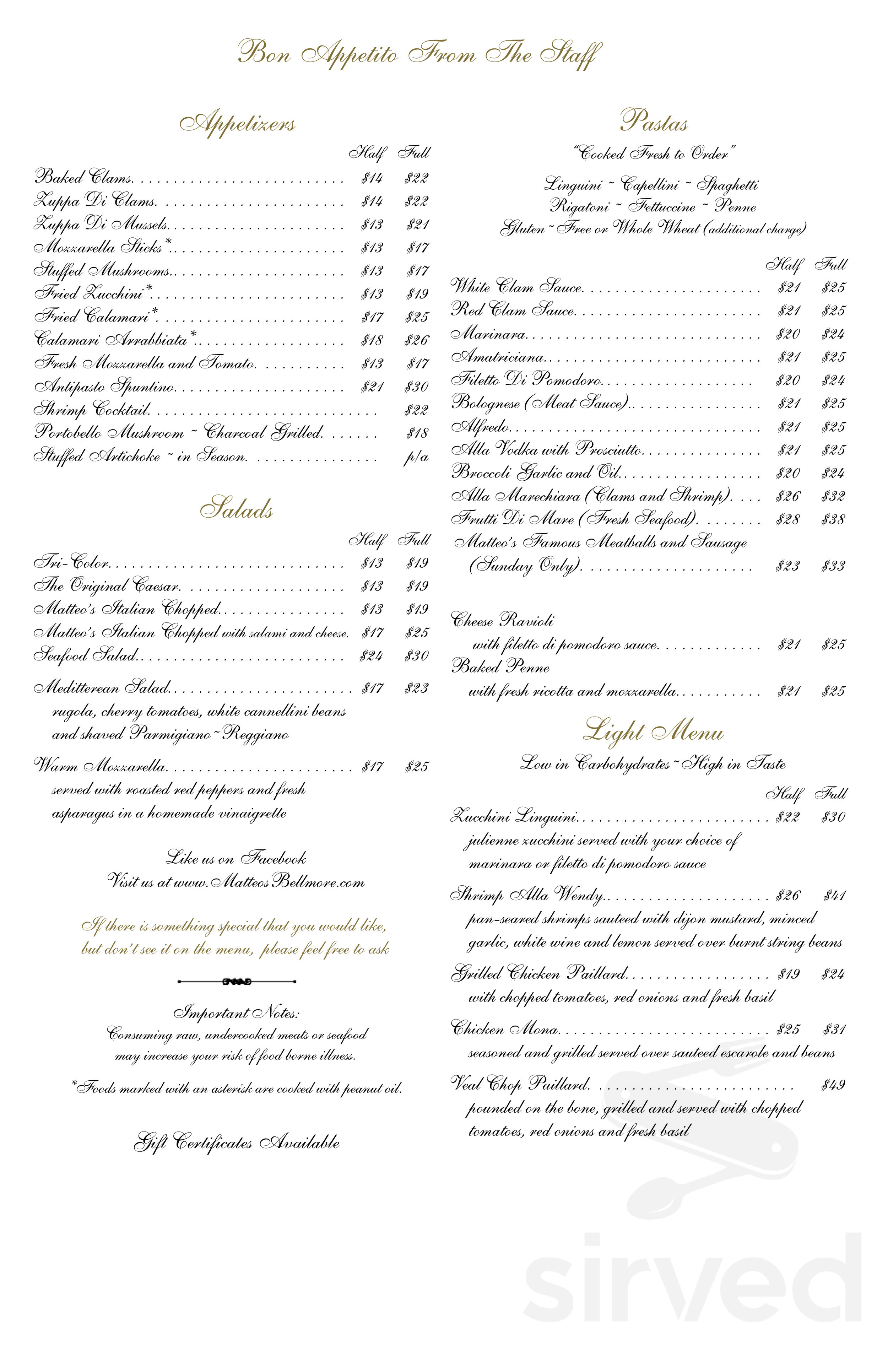 Matteo's menu in Bellmore, New York, USA