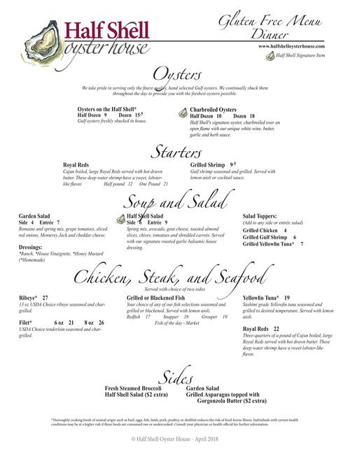 Half Shell Oyster House menu in Biloxi, Mississippi, USA
