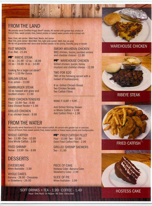 The Warehouse Fish and Steak House menu in New Albany, Mississippi, USA