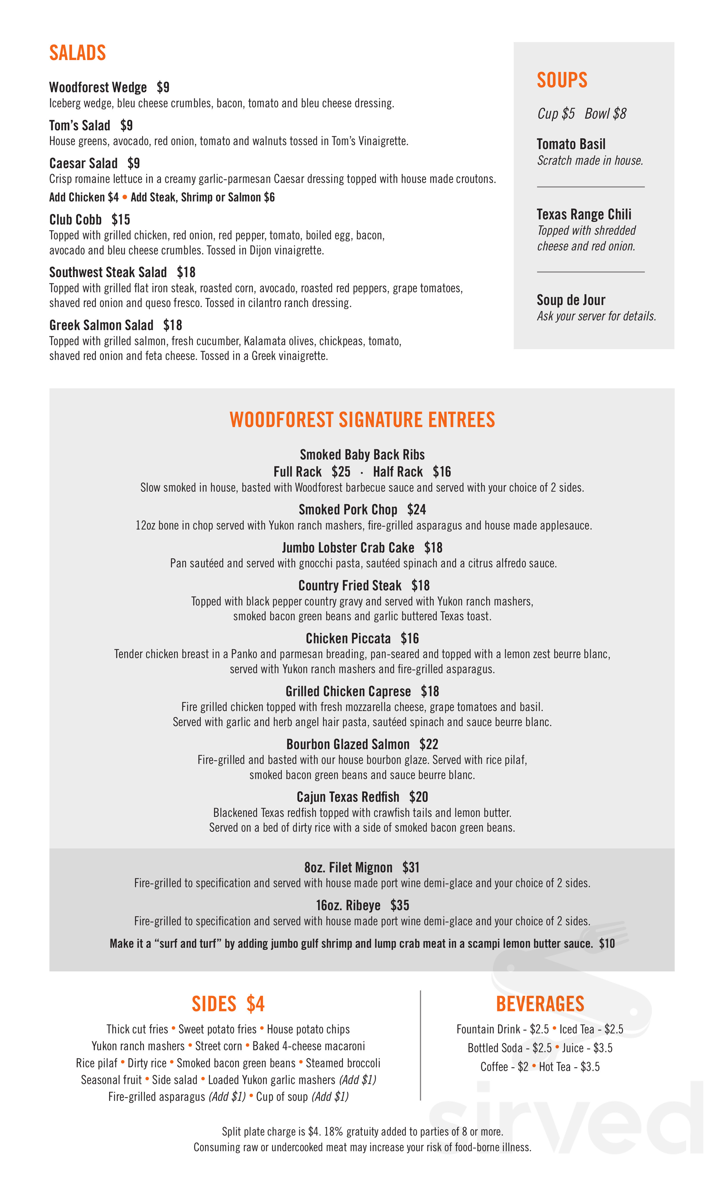 Menu - Montgomery TX's Woodforest Grille | Sirved