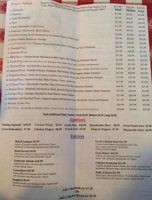 Pirates Pizza menu in Reno, Nevada, USA