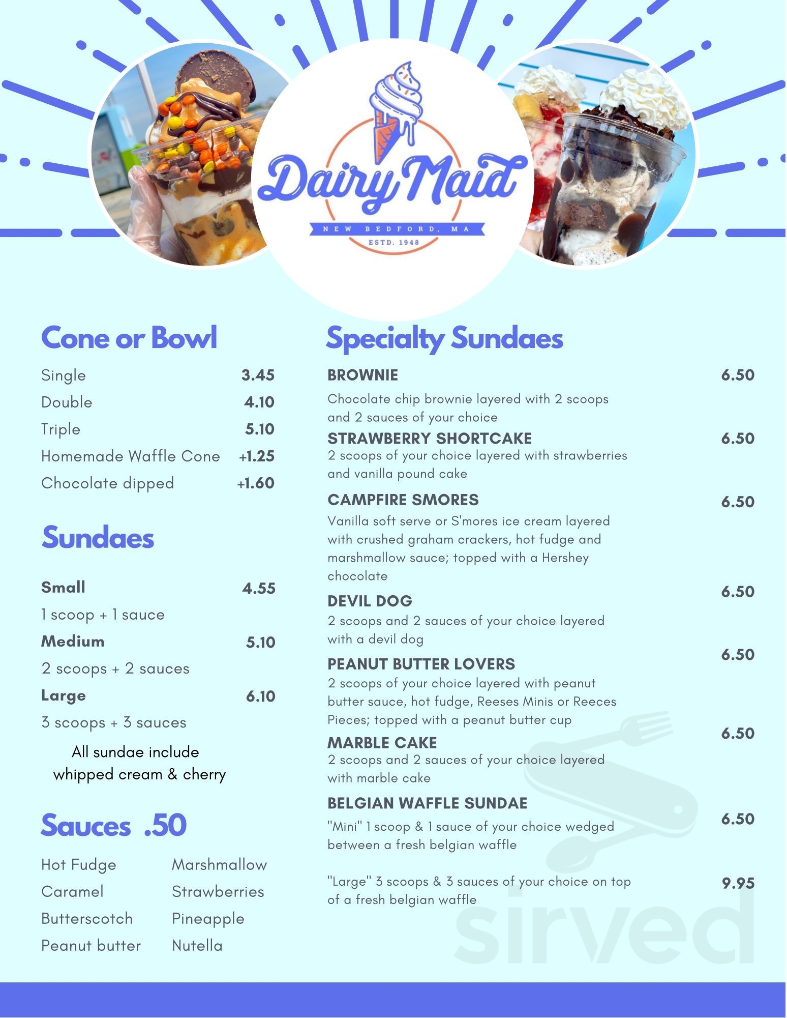Dairy Maid menu in New Bedford, Massachusetts, USA