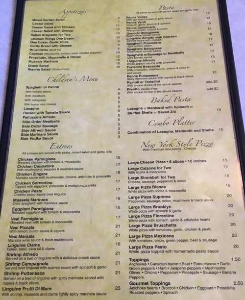Bruno's menu in Kissimmee, Florida, USA
