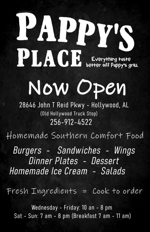 Pappy's Place menu in Hollywood, Alabama, USA