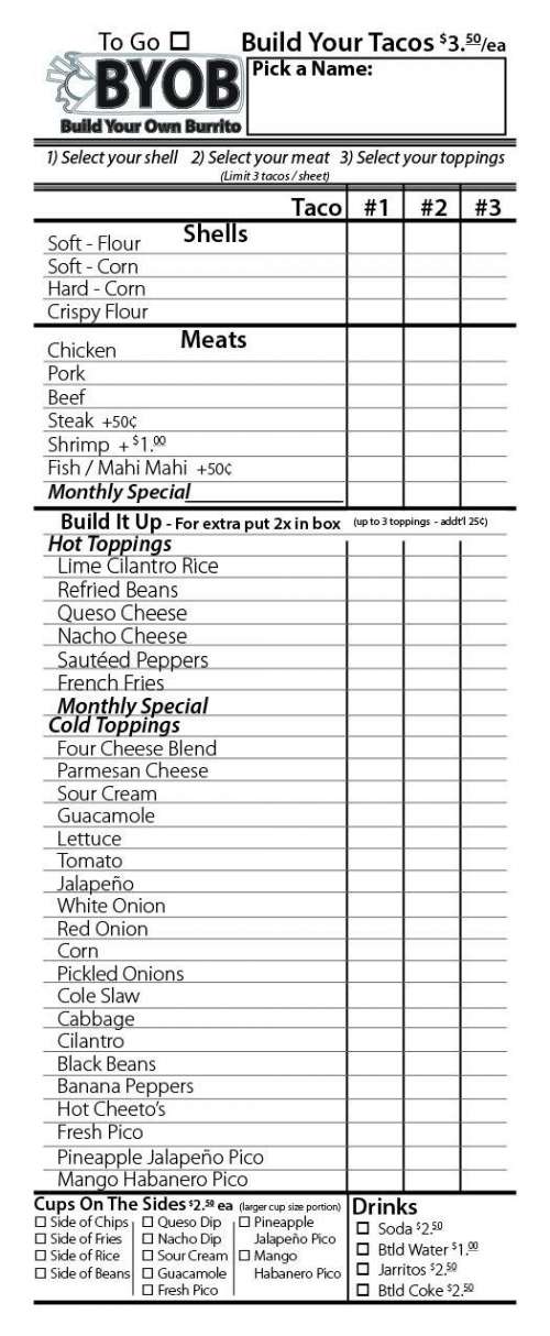 BYOB menu in Anderson, Indiana, USA