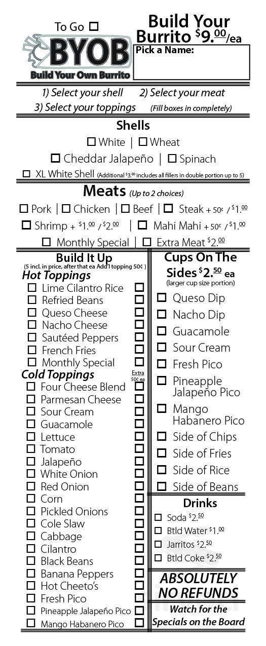 BYOB menu in Anderson, Indiana, USA