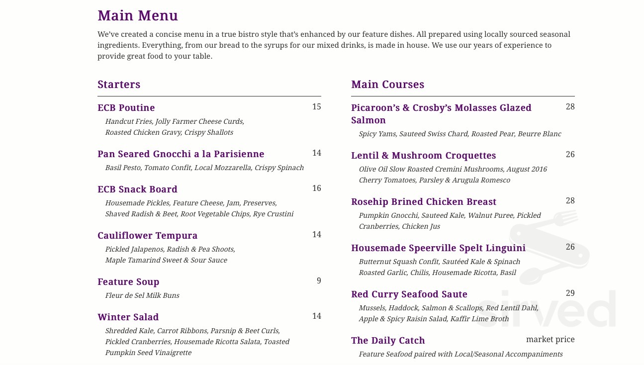 East Coast Bistro menu in Saint John, New Brunswick, Canada