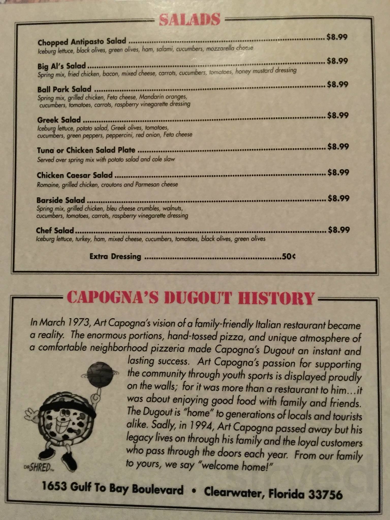 Capogna's Dugout menu in Clearwater, Florida, USA