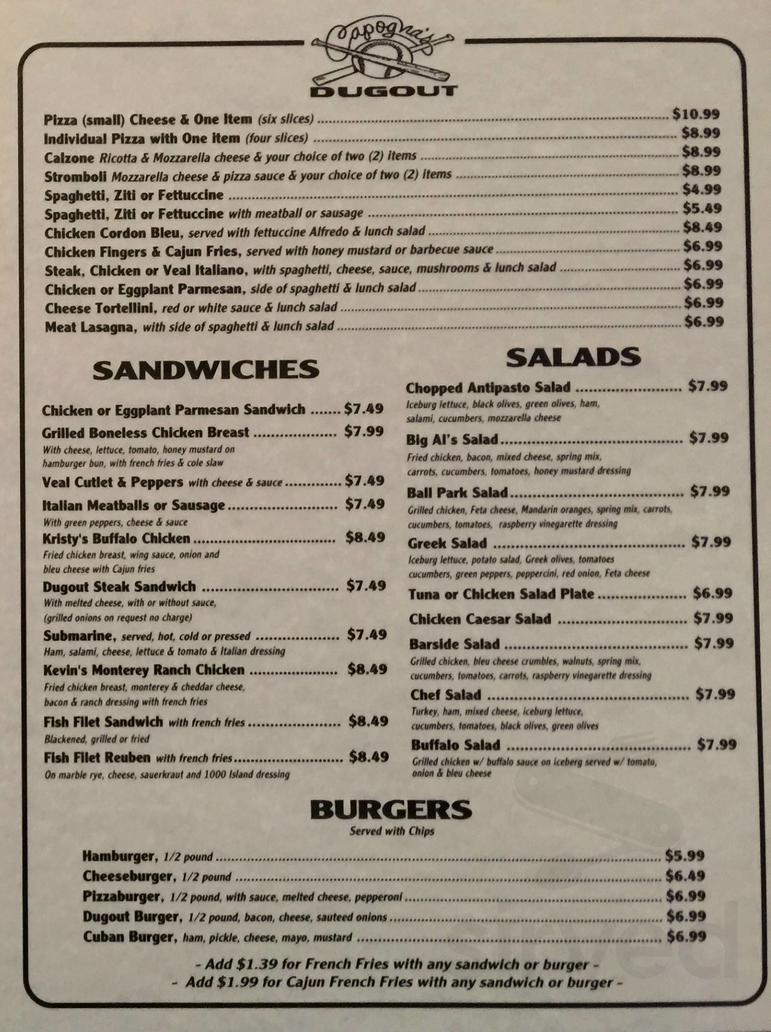 Capogna's Dugout menu in Clearwater, Florida, USA