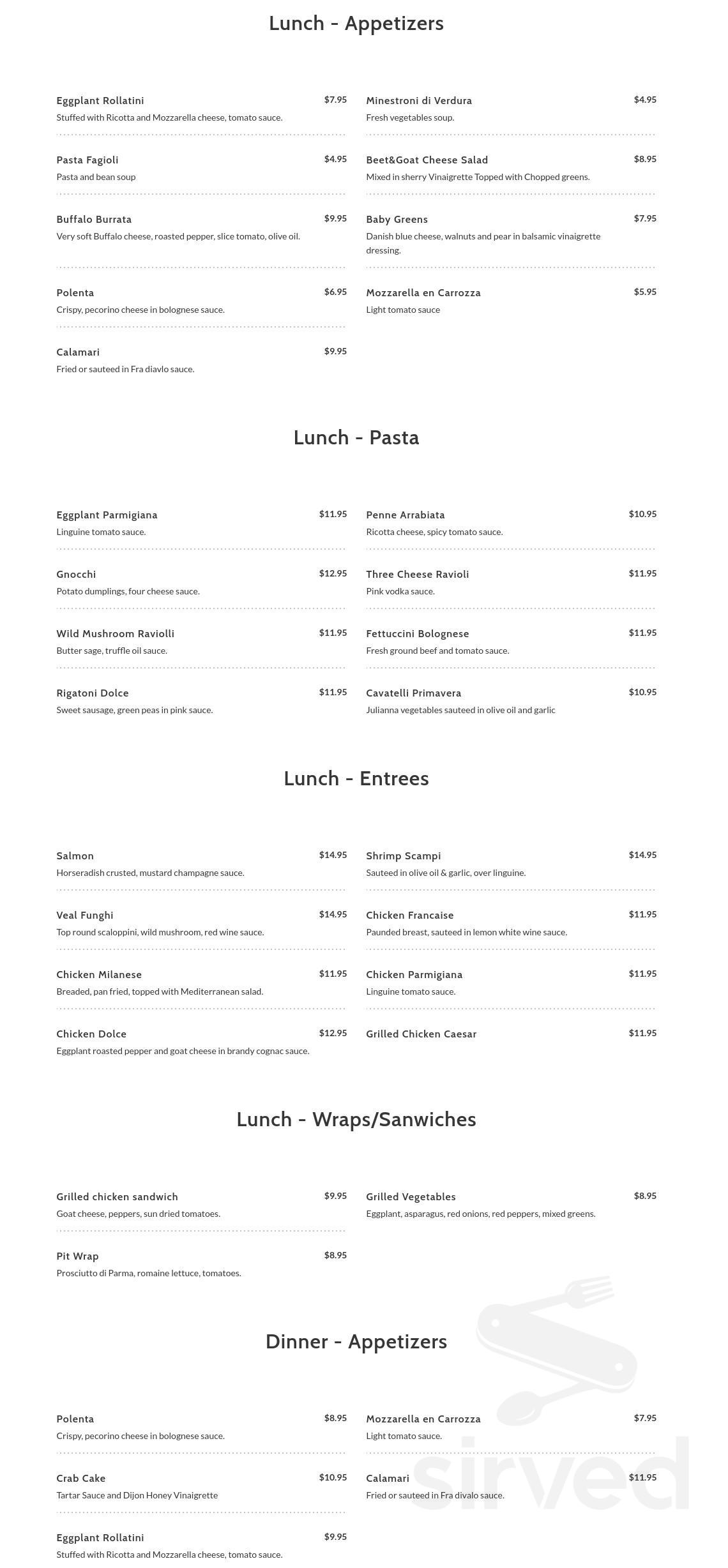 Menu for Dolce Restaurant in Flemington, NJ | Sirved