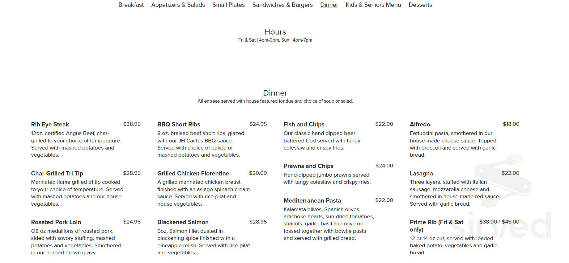 Jamestown Hotel Restaurant menu in Jamestown, California, USA