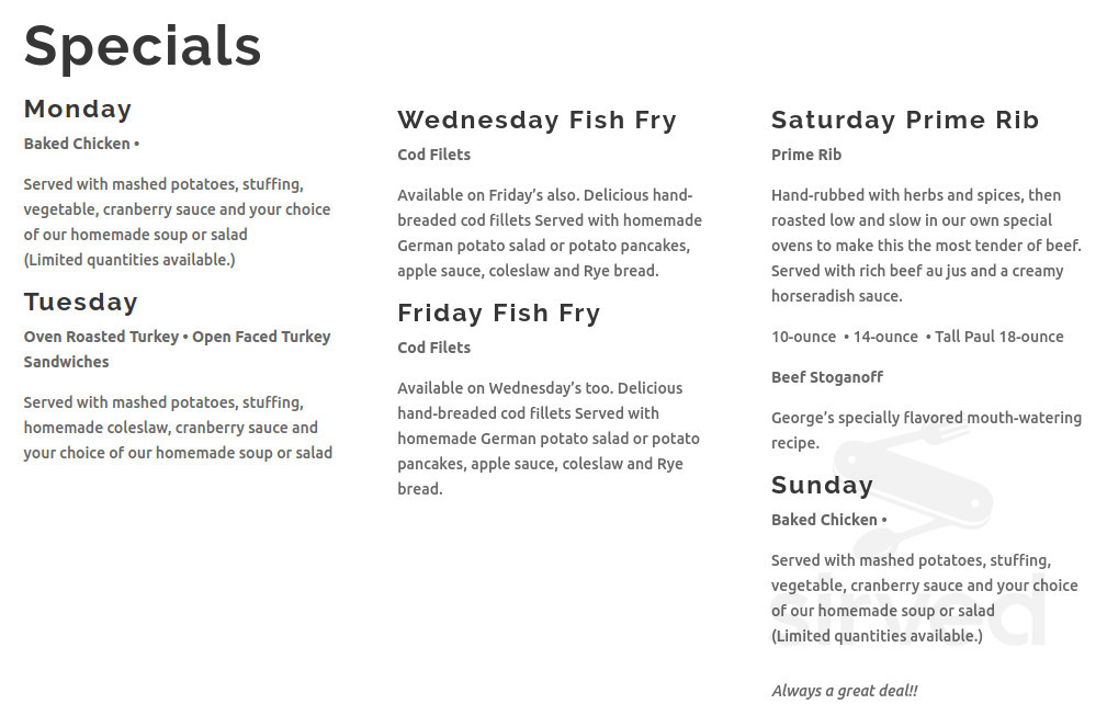 Menu for Sawmill Inn Restaurant & Pub in Richfield, WI | Sirved