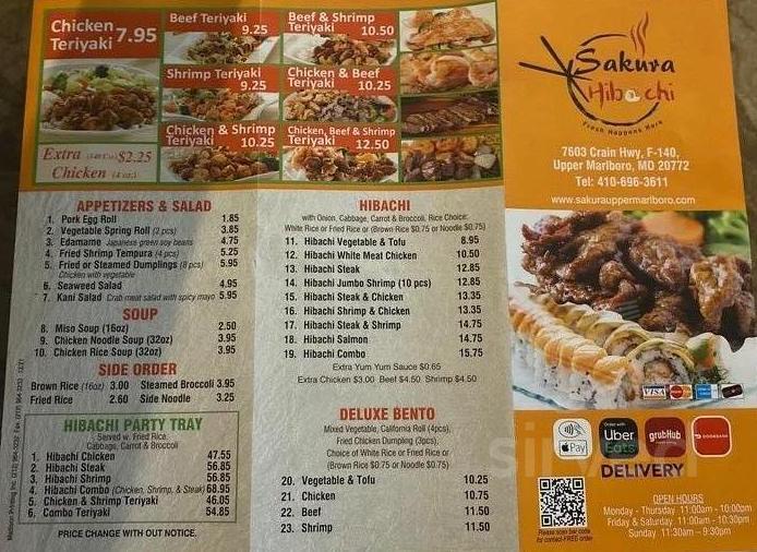 Menu for Sakura Hibachi in Upper Marlboro, MD | Sirved
