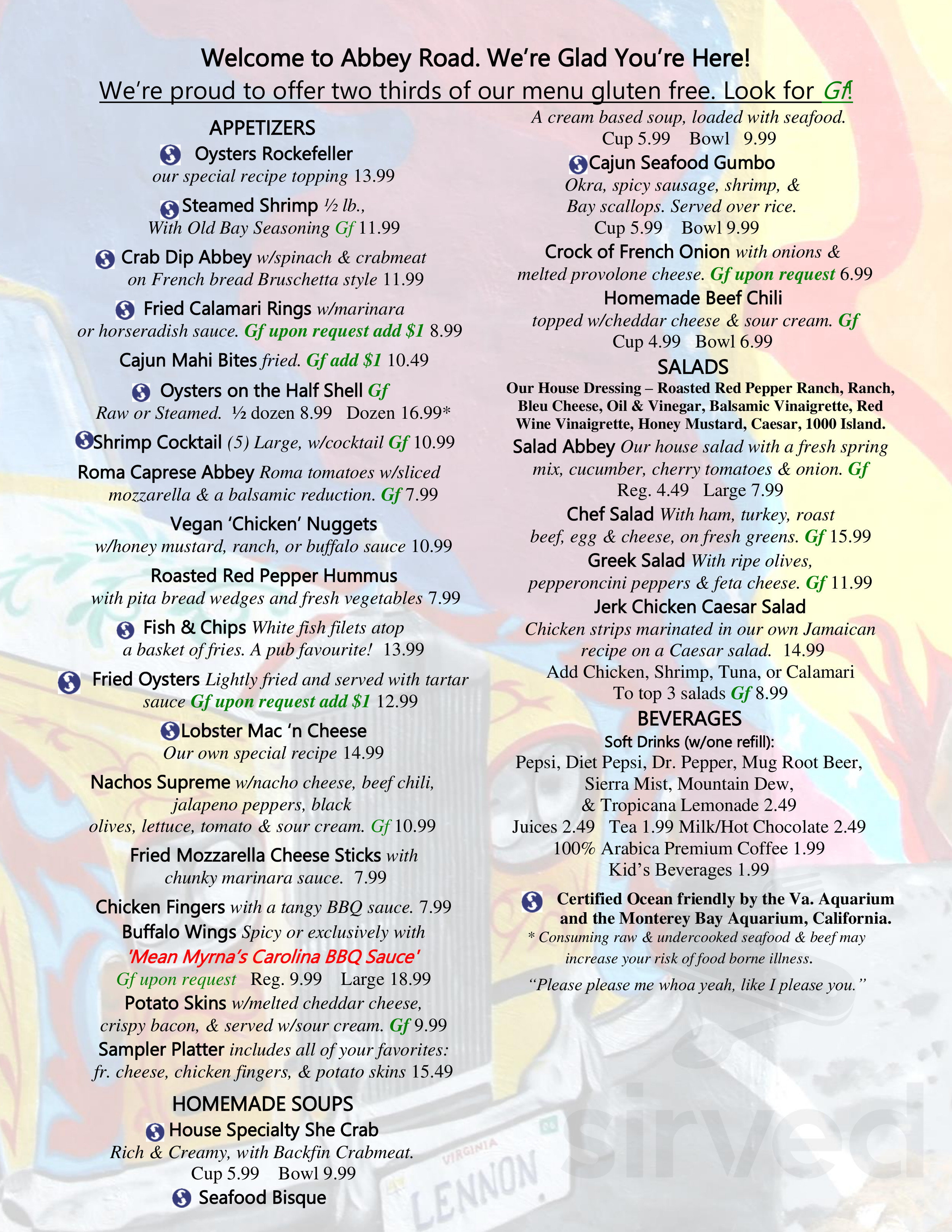 Abbey Road Pub & Restaurant menu in Virginia Beach, Virginia, USA