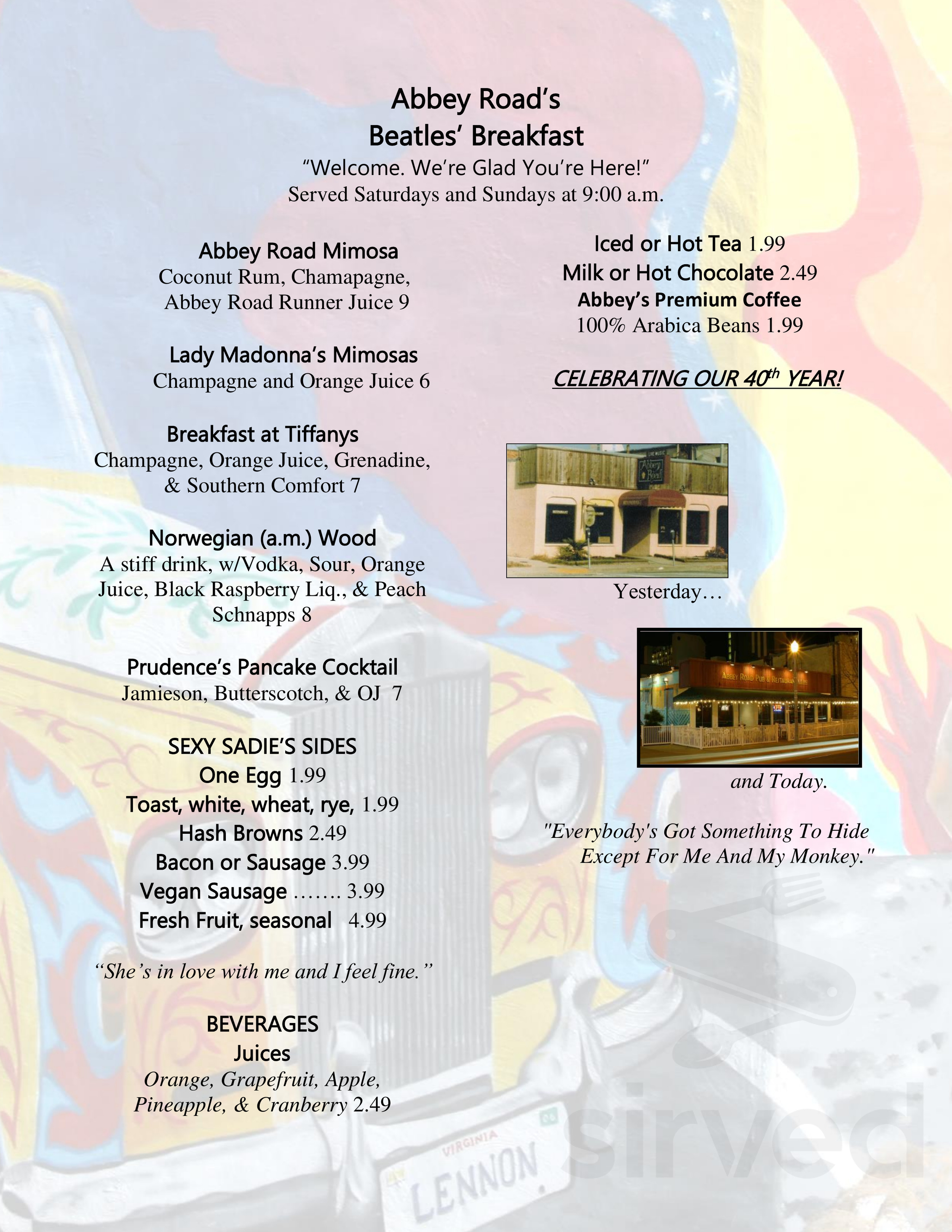 Abbey Road Pub & Restaurant menu in Virginia Beach, Virginia, USA