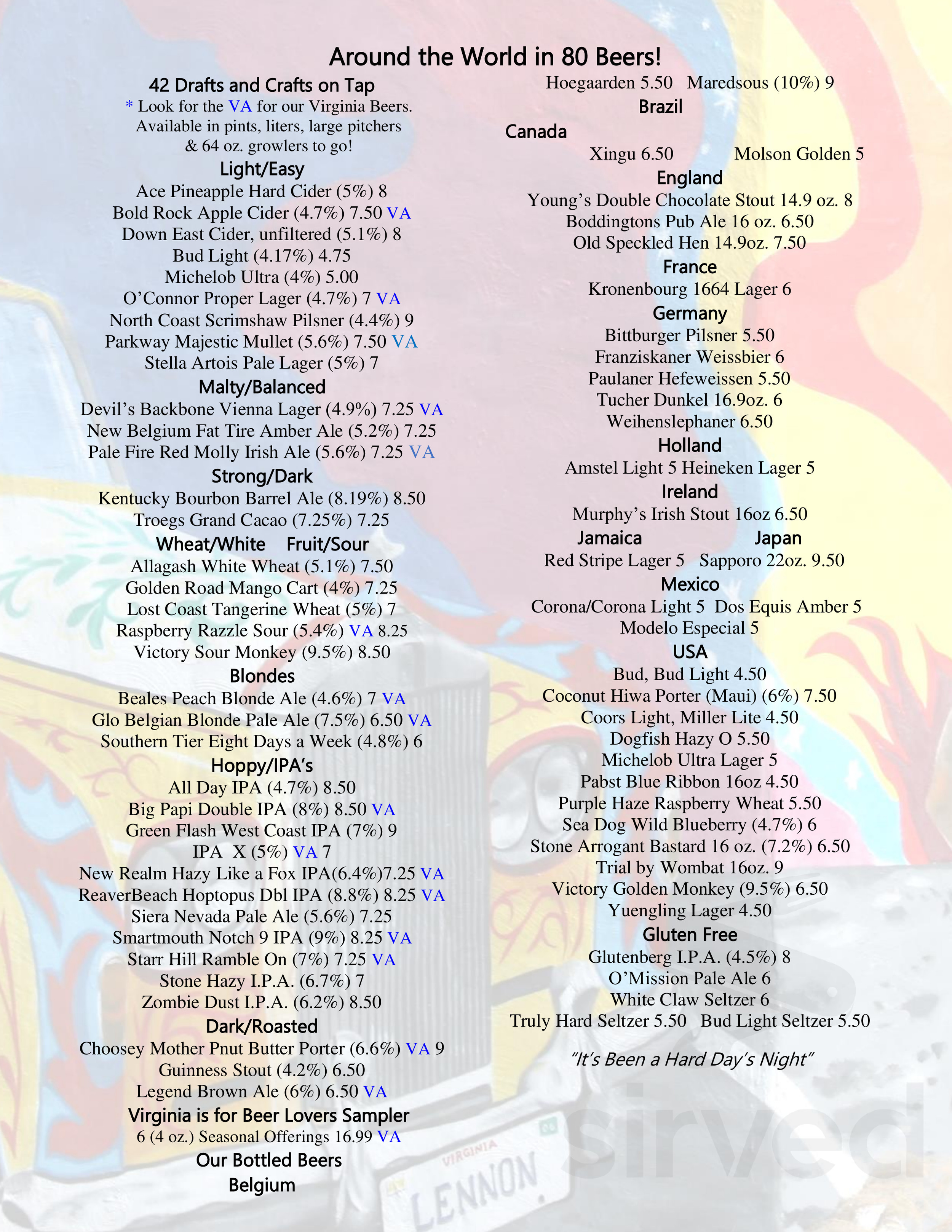 Abbey Road Pub & Restaurant menu in Virginia Beach, Virginia, USA