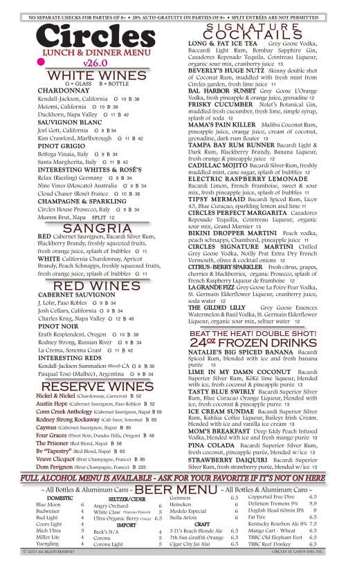 Circles Waterfront Restaurant menu in Apollo Beach, Florida, USA