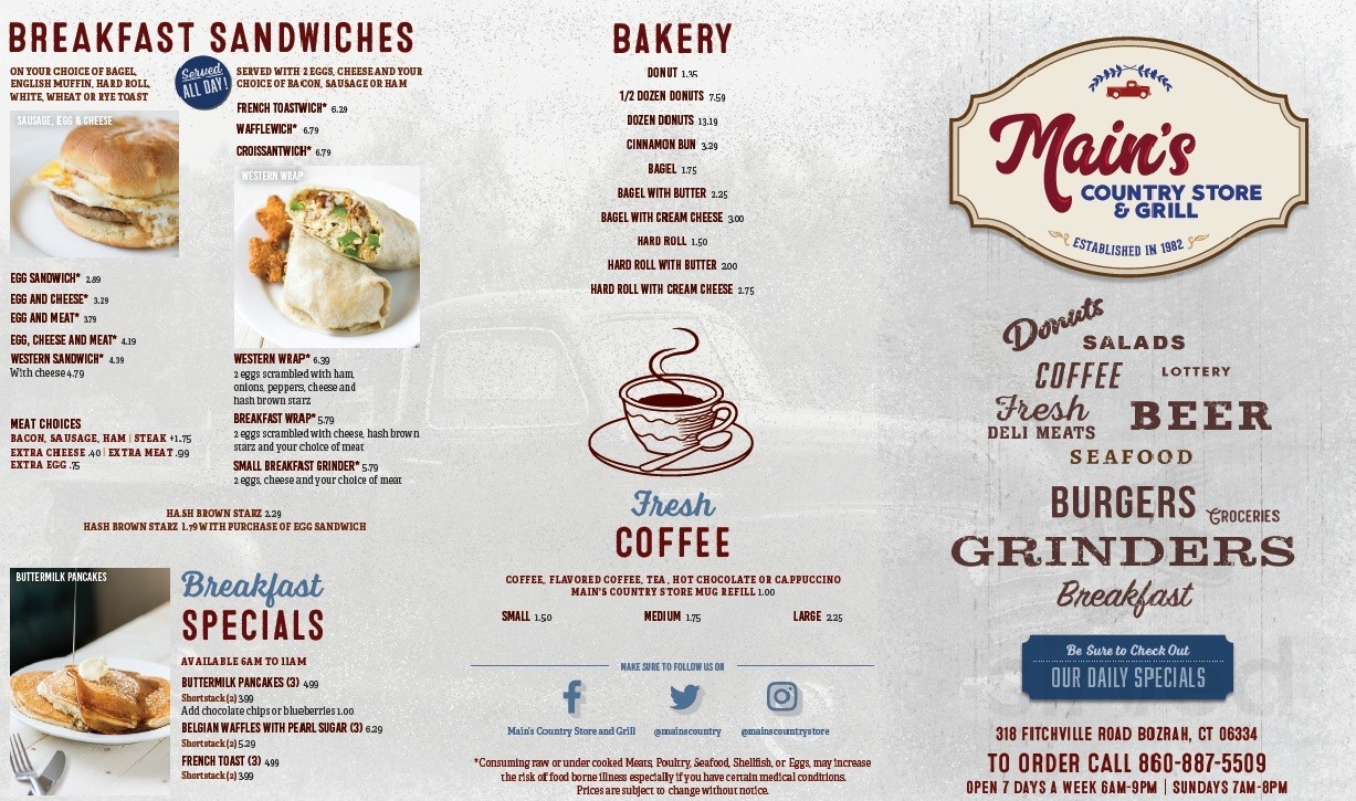 Main's Country Store and Grill menus in Bozrah, Connecticut, United States
