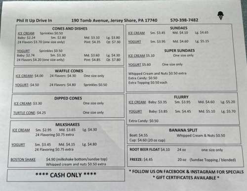 Phil-It Up Drive In menu in Jersey Shore, Pennsylvania, USA