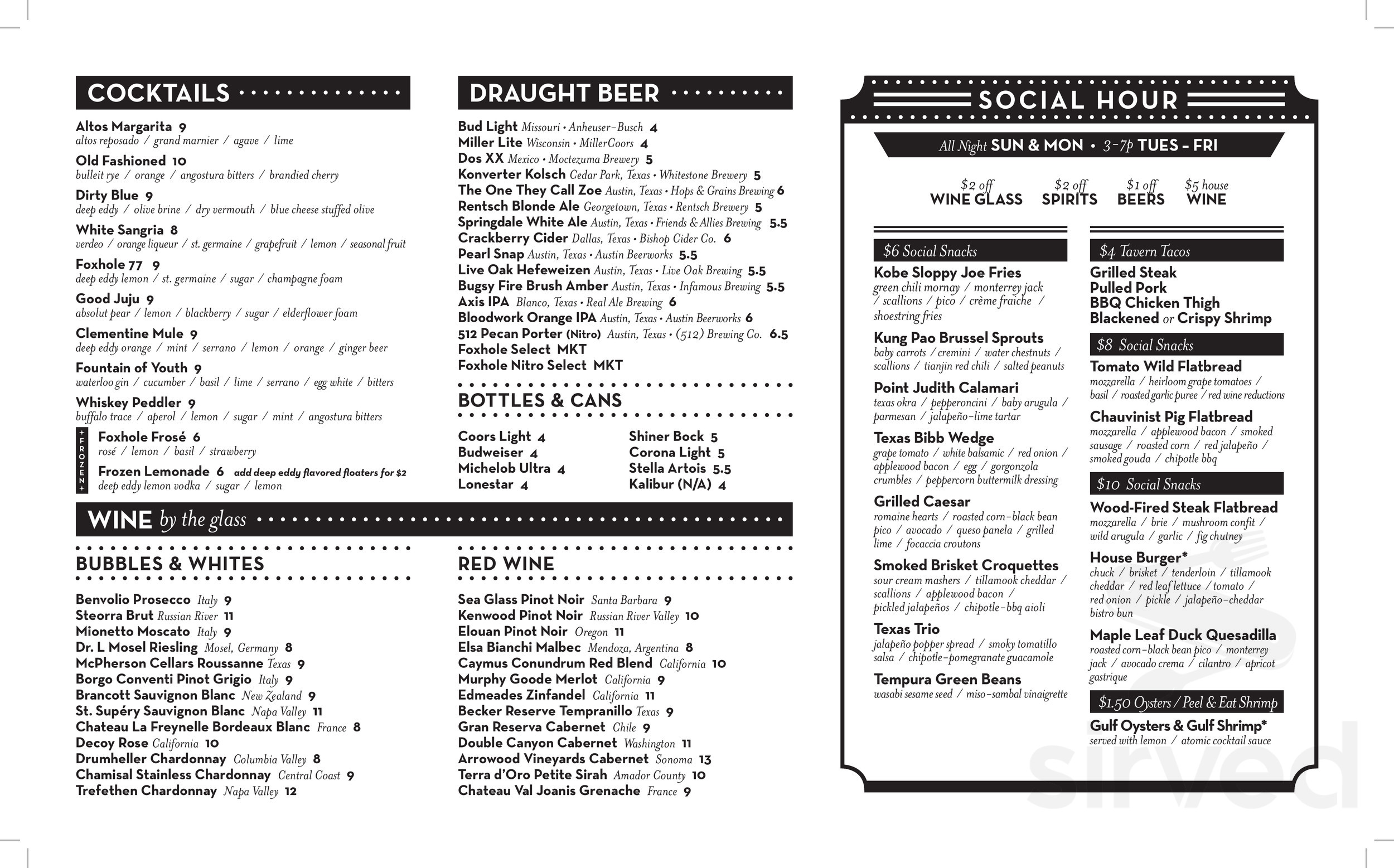 Foxhole Culinary Tavern menu in Austin, Texas, USA