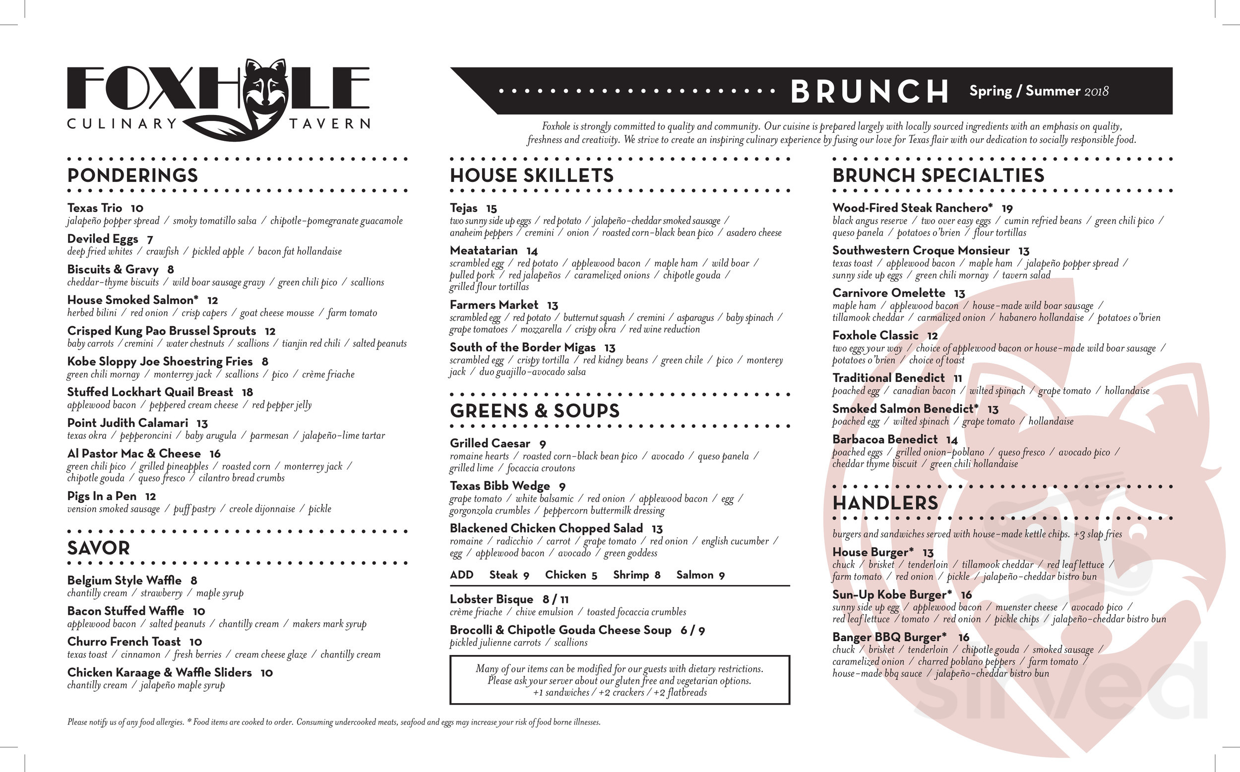 Foxhole Culinary Tavern menu in Austin, Texas, USA