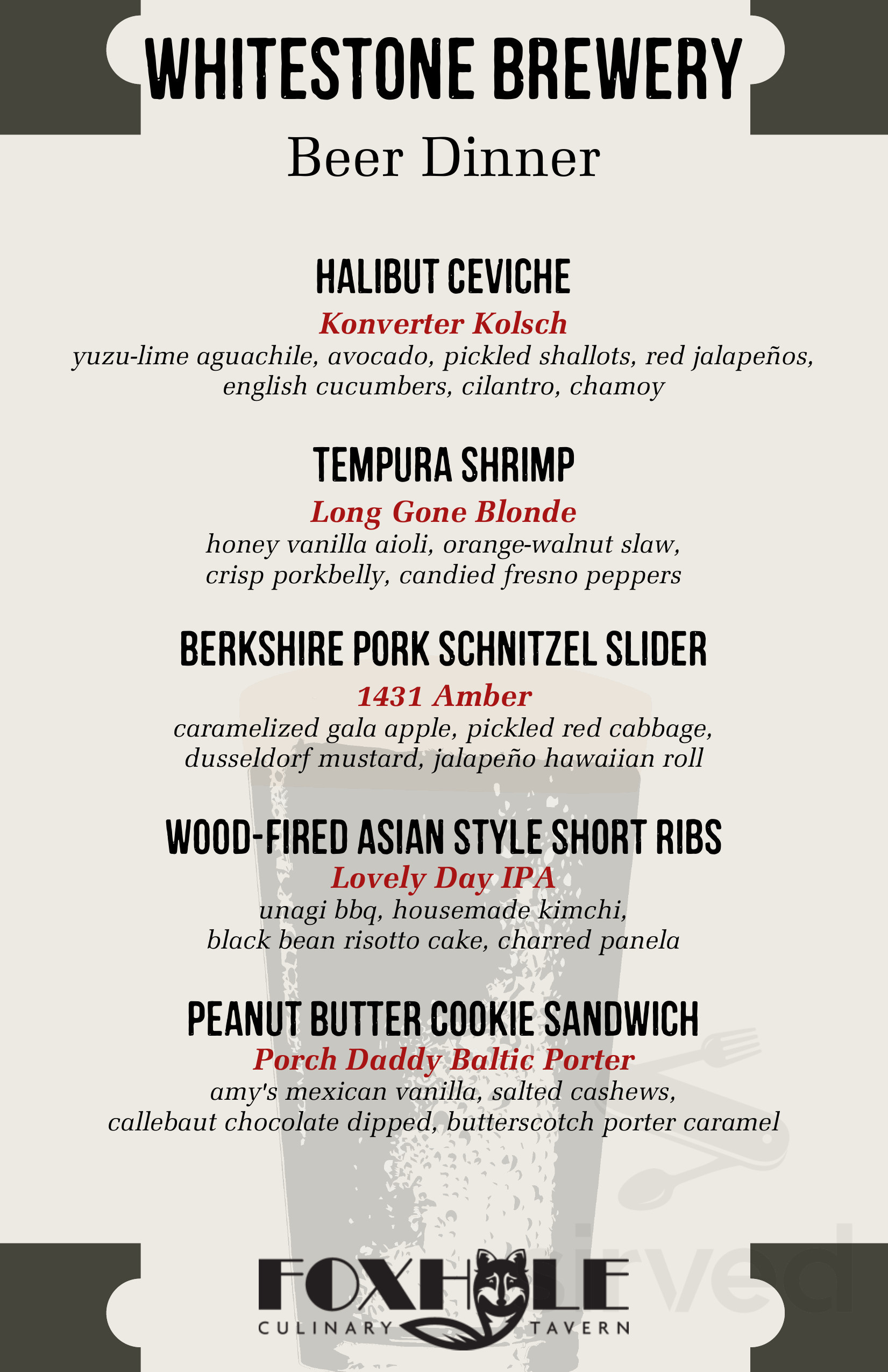 Menu for Foxhole Culinary Tavern in Austin, TX | Sirved
